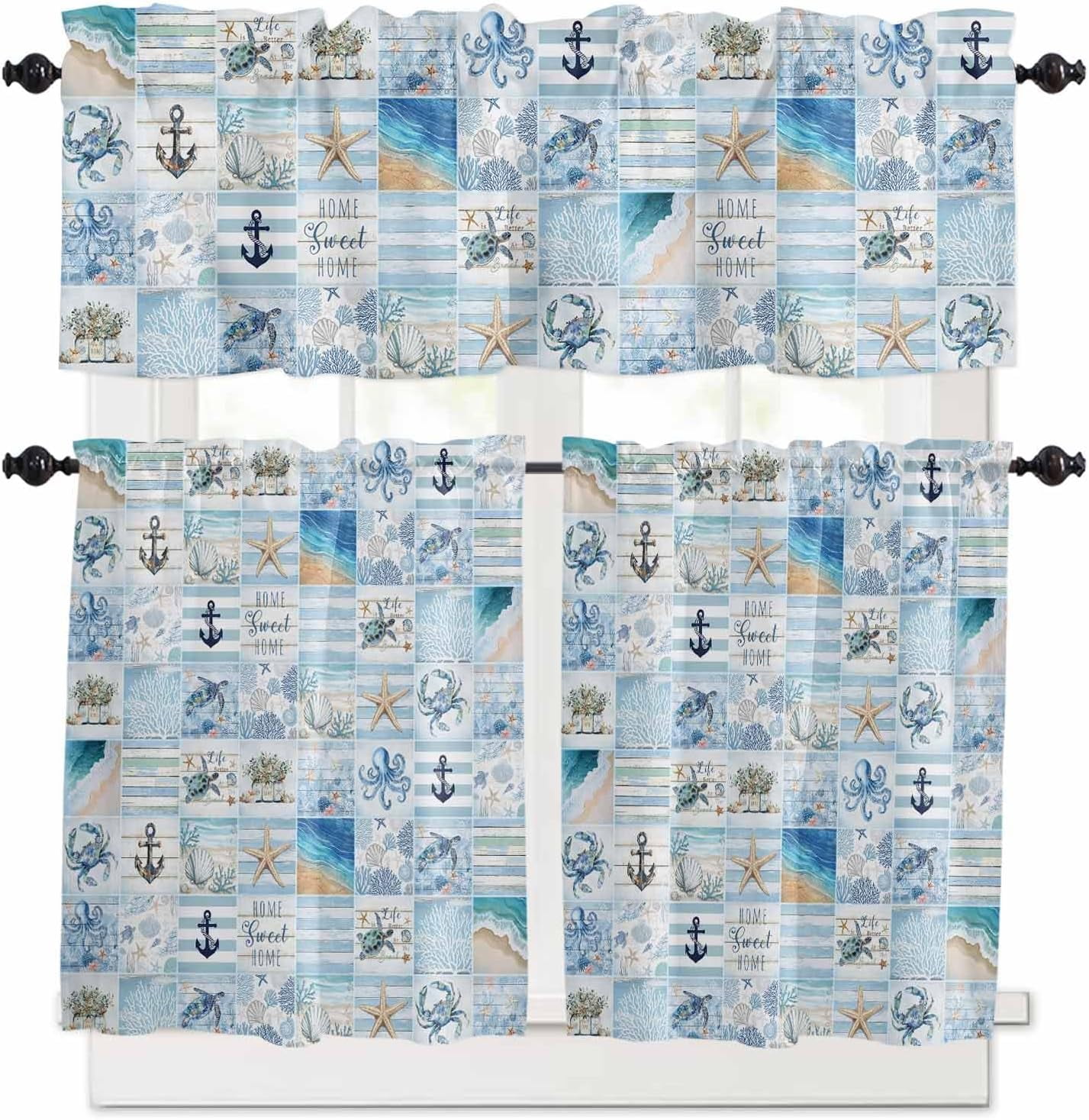 Blue Ocean Theme Kitchen Curtains and Valances Set, Rod Pocket Sea ...