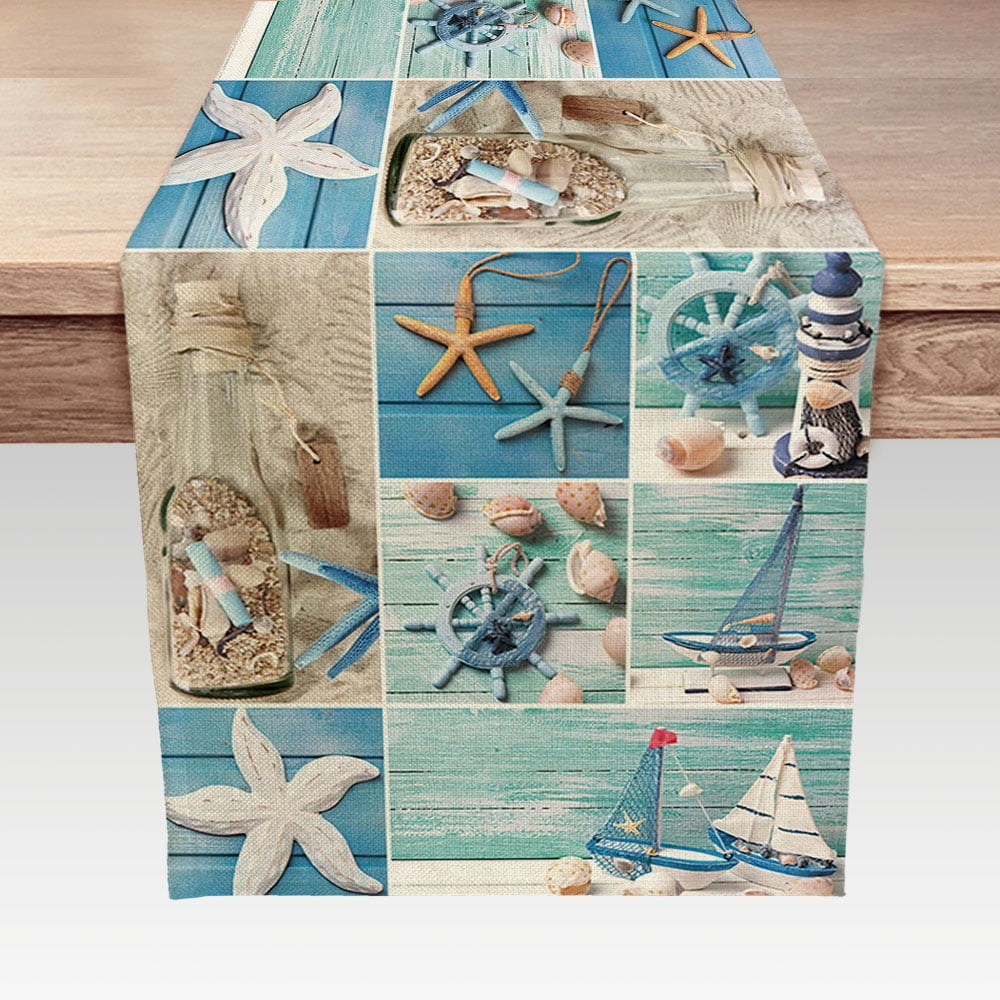Blue Ocean Theme Table Runner 13"X72", Drift Bottle Starfish Sailboat ...