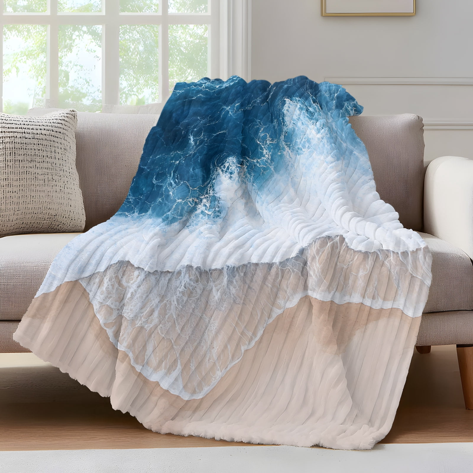 Blue Ocean Throw Blanket for Couch Wave Beach Abstract Seaside Scenery ...