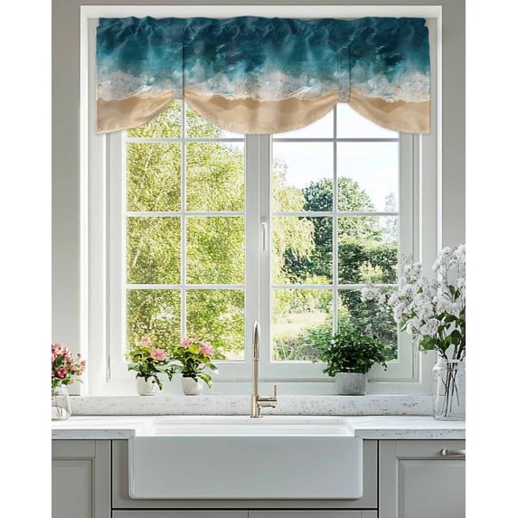 Blue Ocean Tie Up Valances Curtain, Adjustable Kitchen Beach Wave ...