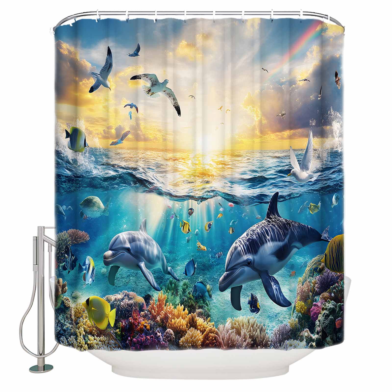 Blue Ocean Turtle Bathroom Shower Curtains with 12 Hooks Polyester ...