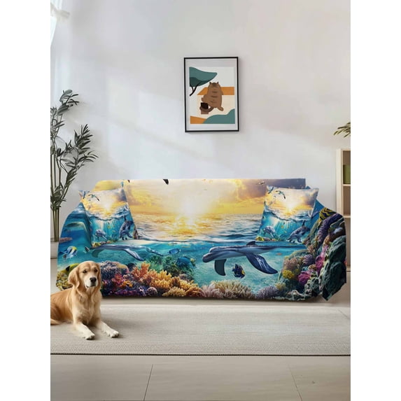 Blue Ocean Turtle Couch Cover for 2 Cushion Couch, Dolphins Animals ...