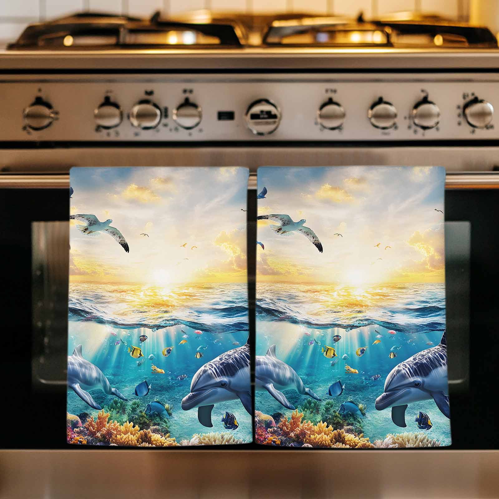 Blue Ocean Turtle Kitchen Towels Set of 3, Dolphins Animals Coral ...