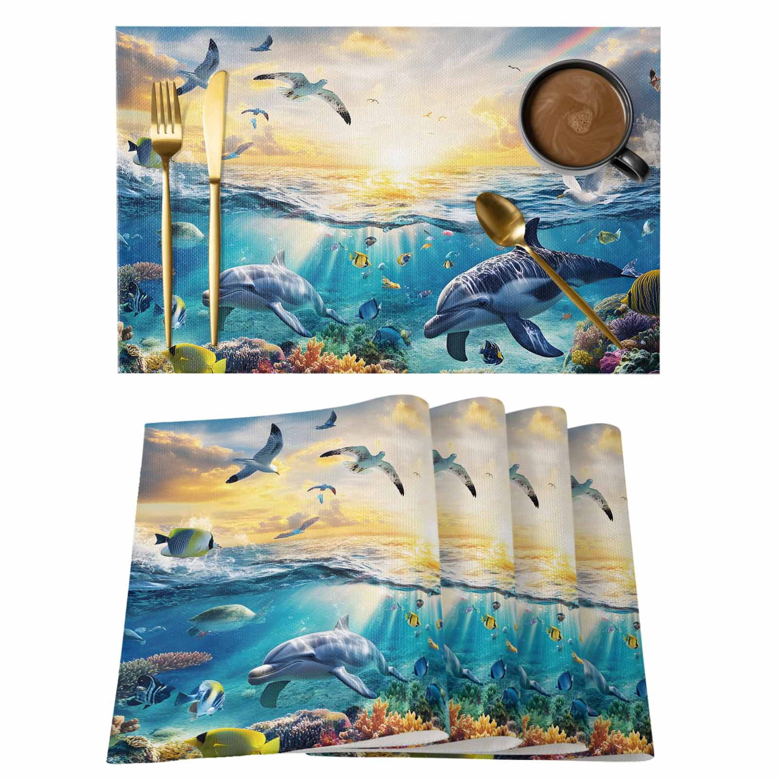 Blue Ocean Turtle Placemats Set of 12,Cotton Linen Fabric Place Mats ...