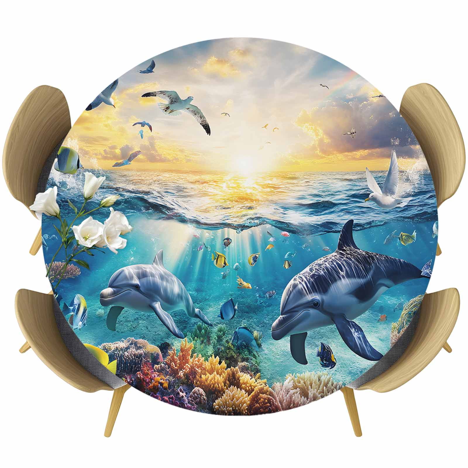 Blue Ocean Turtle Round Tablecloth 45-54 Inch Round Fitted Table Cloth ...