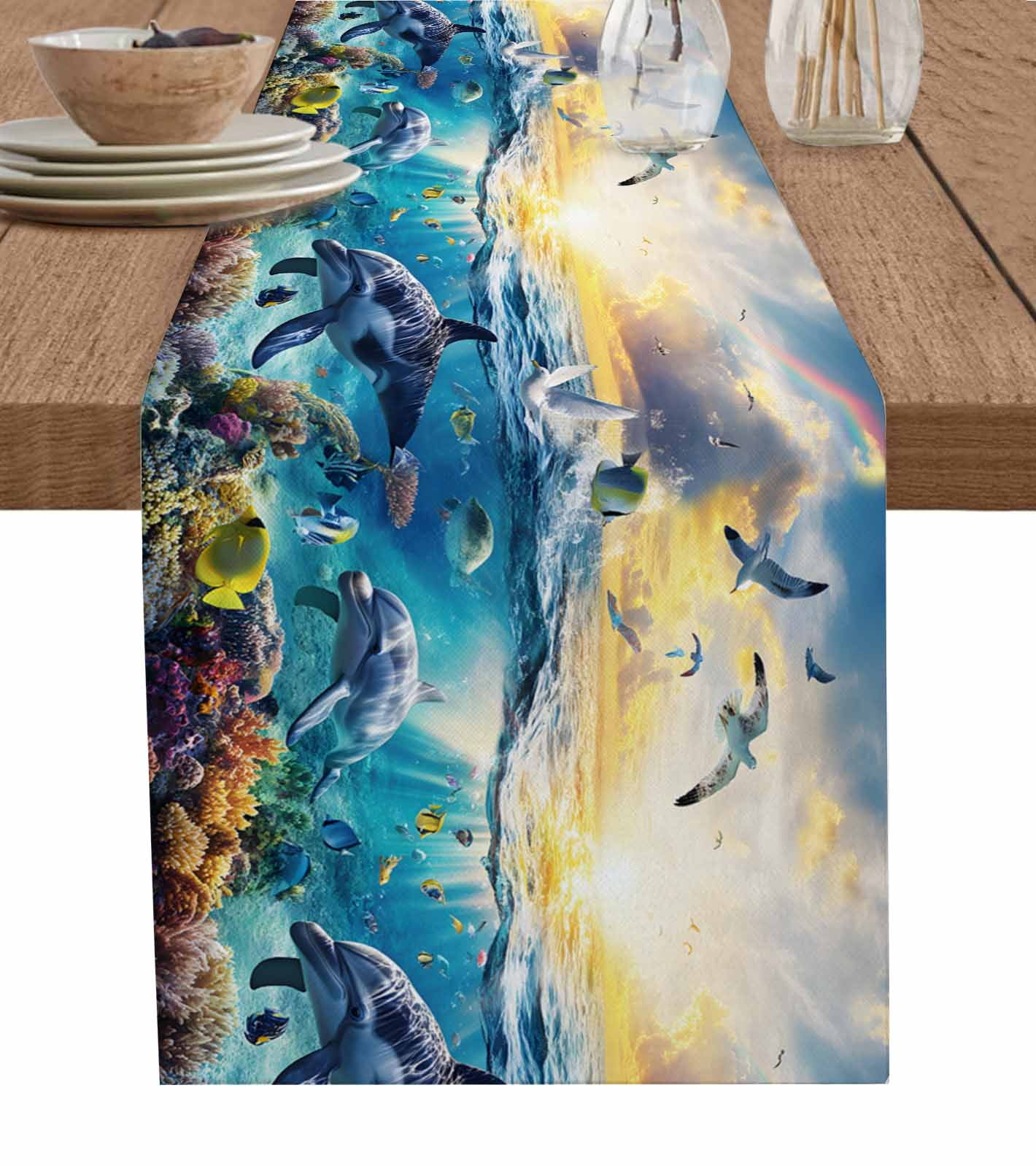 Blue Ocean Turtle Table Runner Cotton Linen 72 Inch Holiday Dresser ...