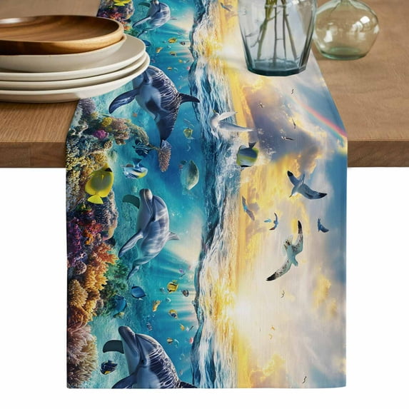 Blue Ocean Turtle Table Runner, Dolphins Animals Coral Orange Sunlight ...
