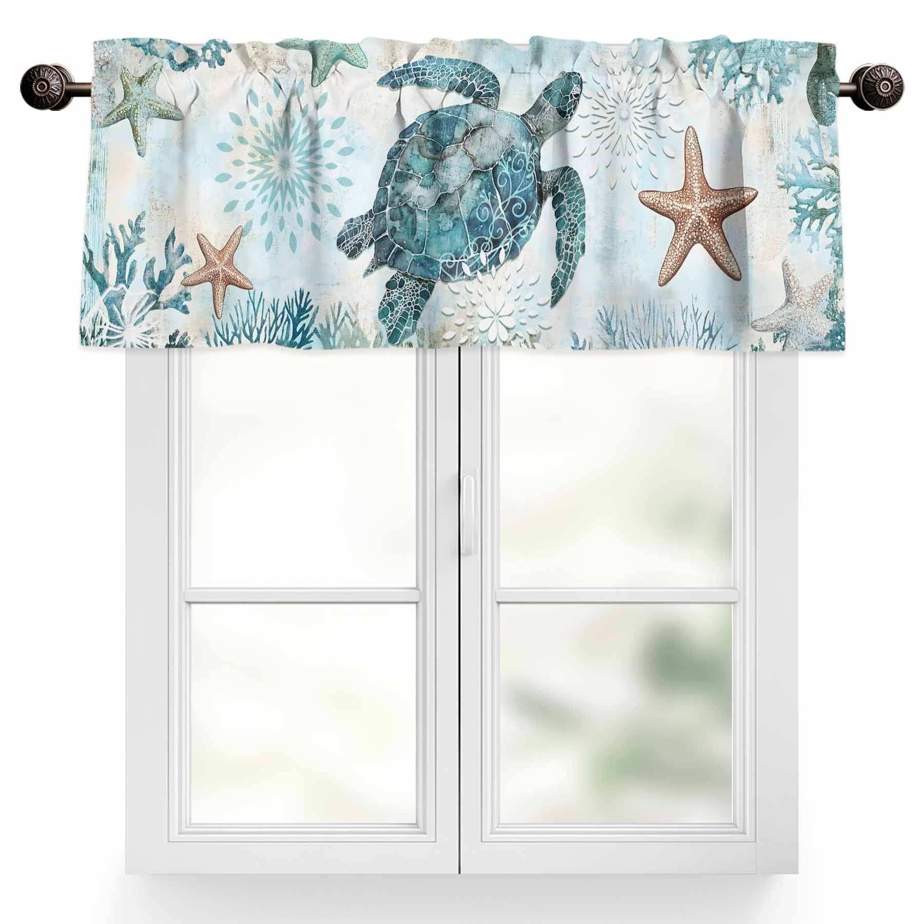Blue Ocean Valances for Windows, 42 x 18in, Sea Turtle Coral Starfish ...