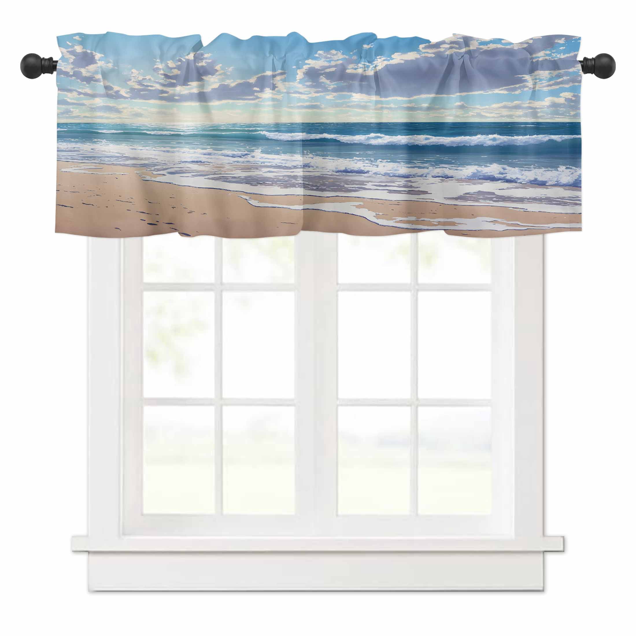 Blue Ocean Valances for Windows Waves Beach Cloudy Sky Nature Seaside ...