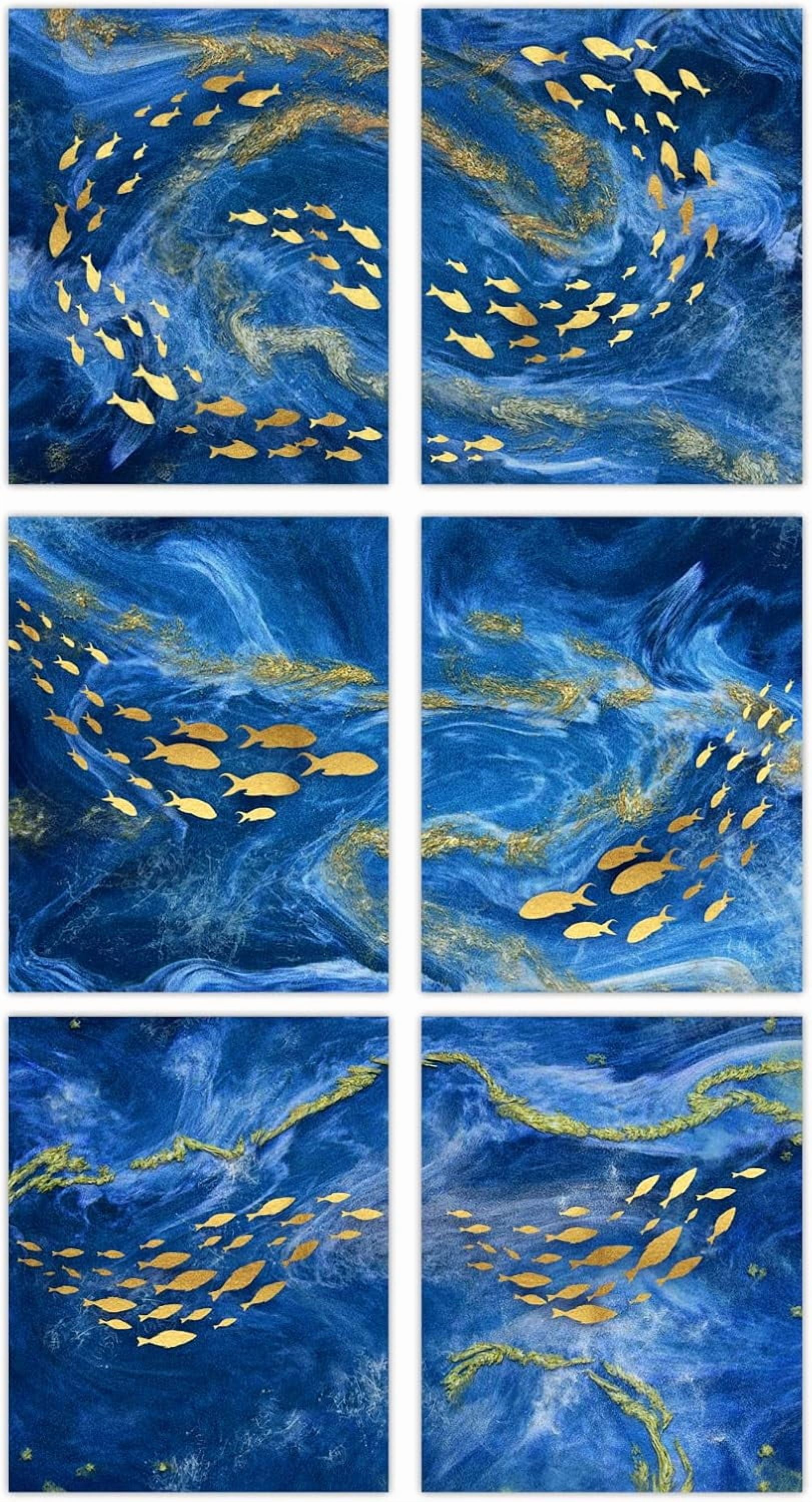 Blue Ocean Wall Art Prints Golden Fish Fiber Oil Art Canvas Painting ...