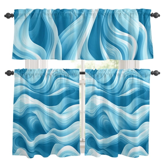 Blue Ocean Wave Kitchen Curtains Set for Windows, Modern Abstract Art ...