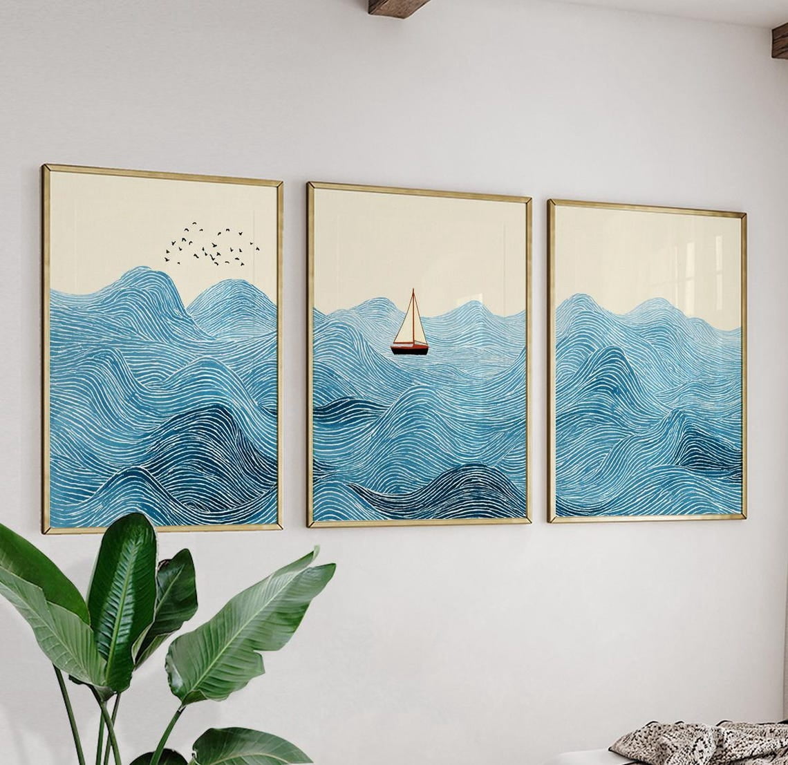 Blue Ocean Wave Sailboat Coastal Triptych Art Set 3 Stretched Canvas ...