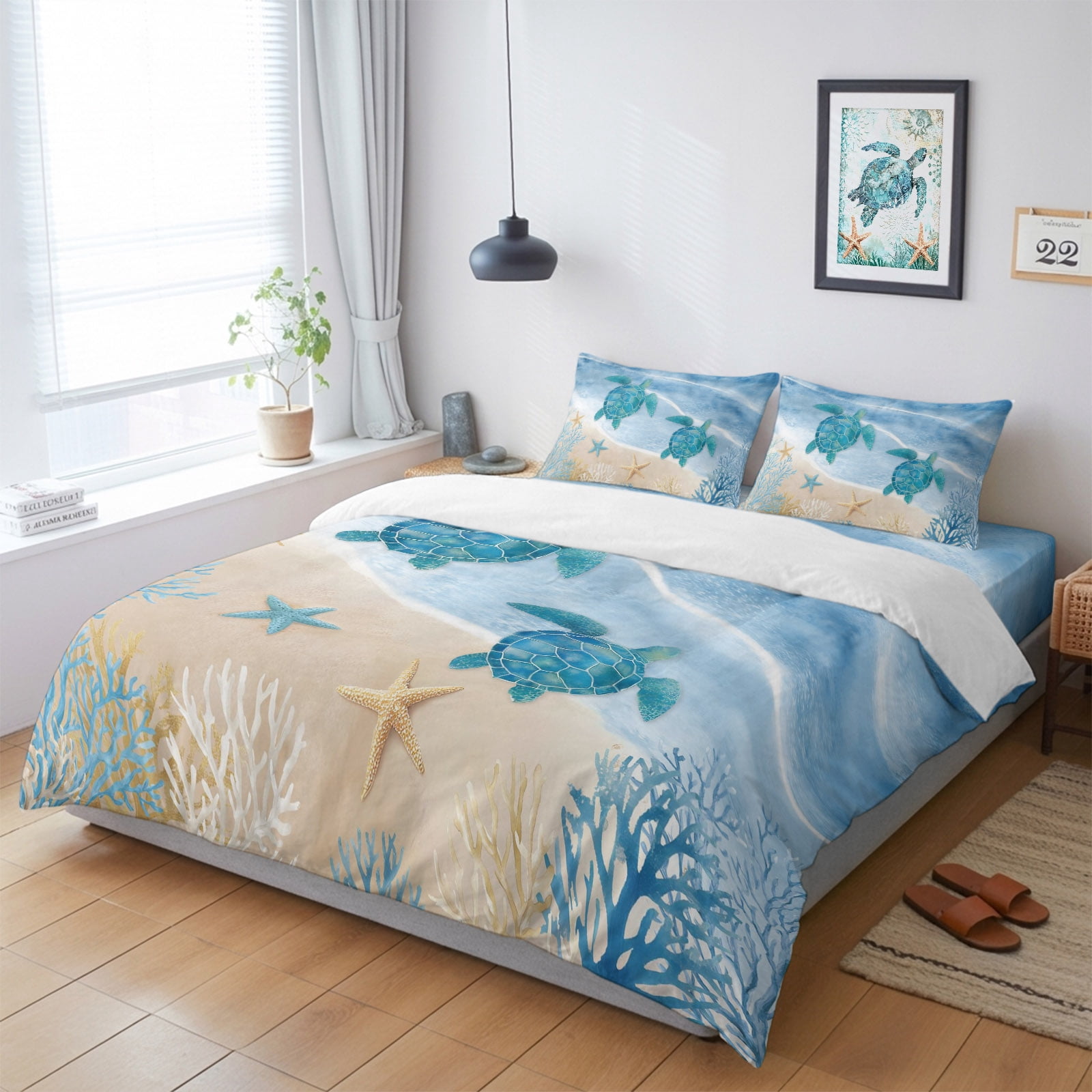 Blue Ocean Wave Sea Turtle King Size Bed Set,Seaside Starfish Coral ...