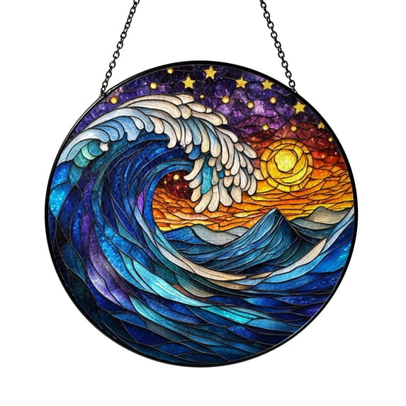 Blue Ocean Wave Stained Glass Window Hanging, Star Inspired Decorative ...