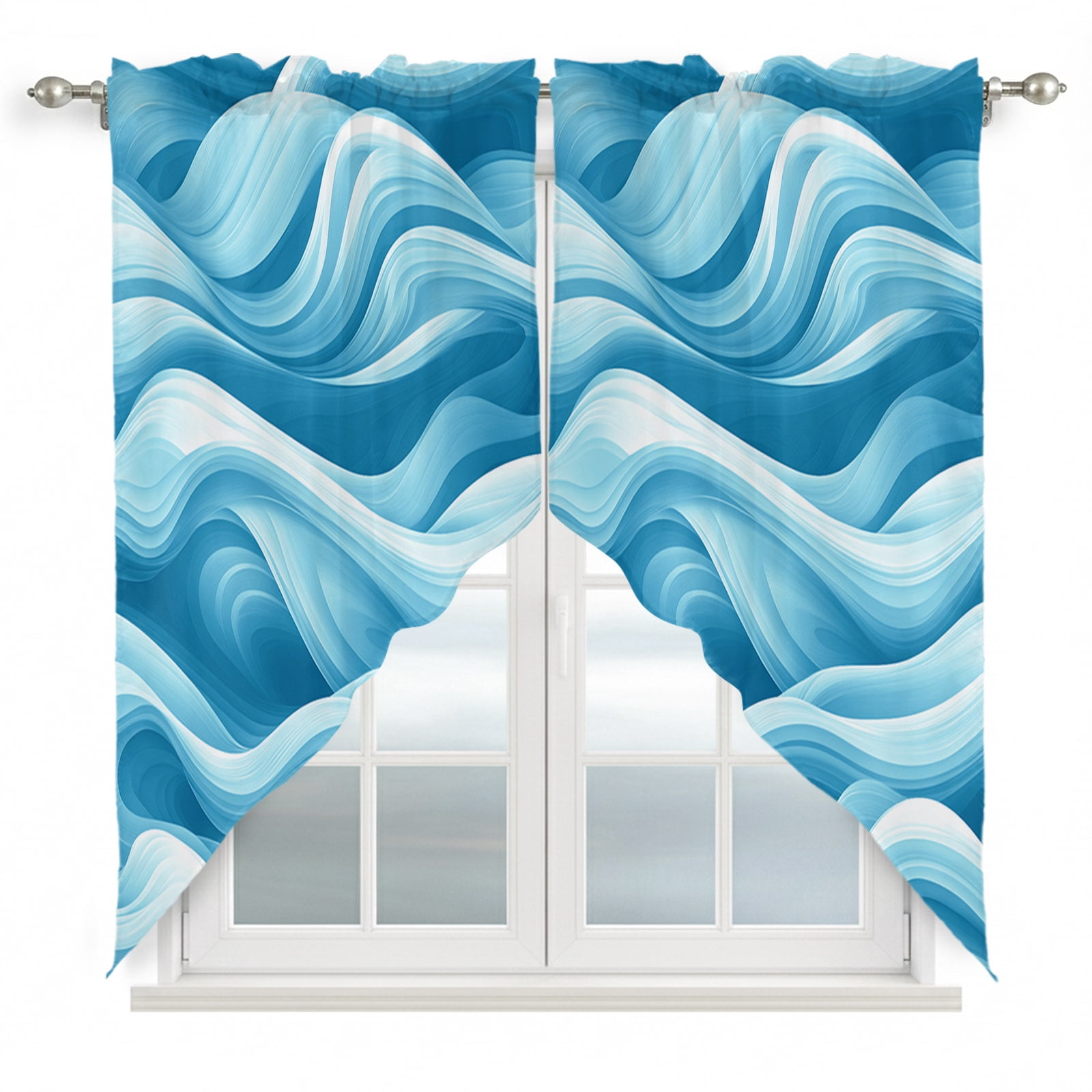 Blue Ocean Wave Swag Curtain Valance for Window 2 Panels Modern ...