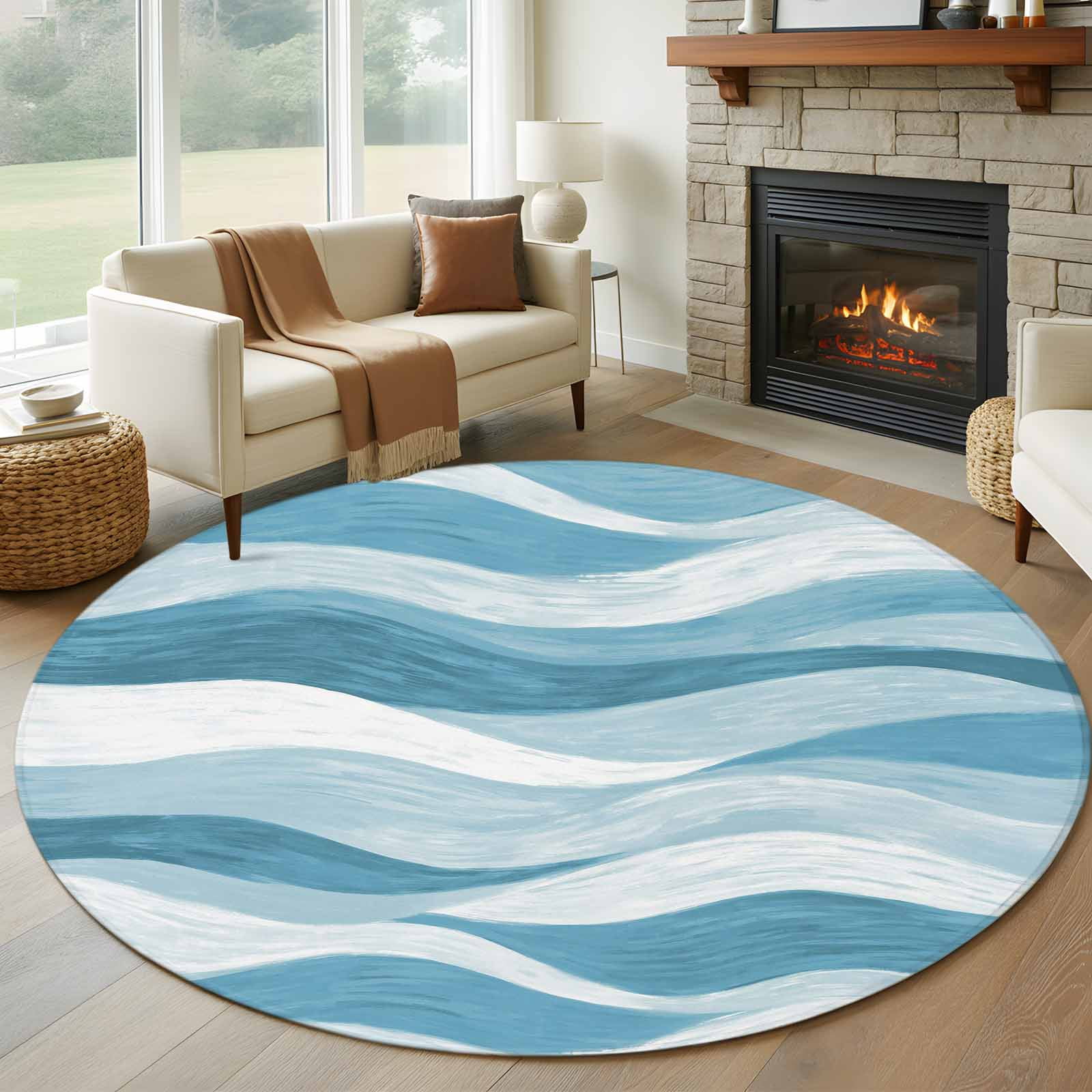 Blue Ocean Waves 8FT Round Area Rugs for Living Room Abstract Modern ...