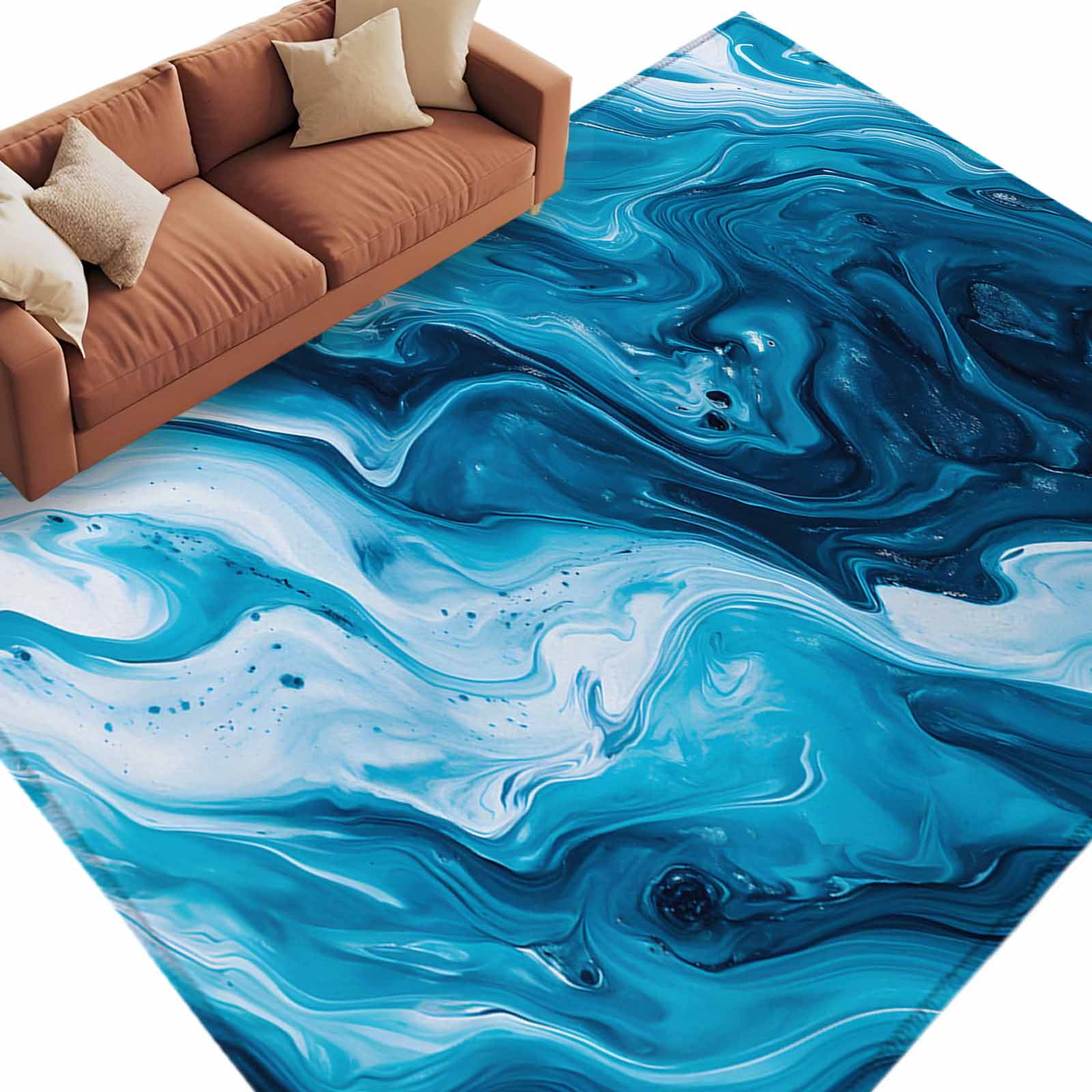 Blue Ocean Waves Area Rug 5x8ft Blue Marble Non-Slip Washable Square ...