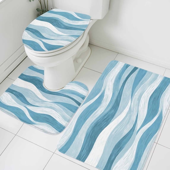 Blue Ocean Waves Bathroom Rugs Set Abstract Modern Ombre Stripes Non ...