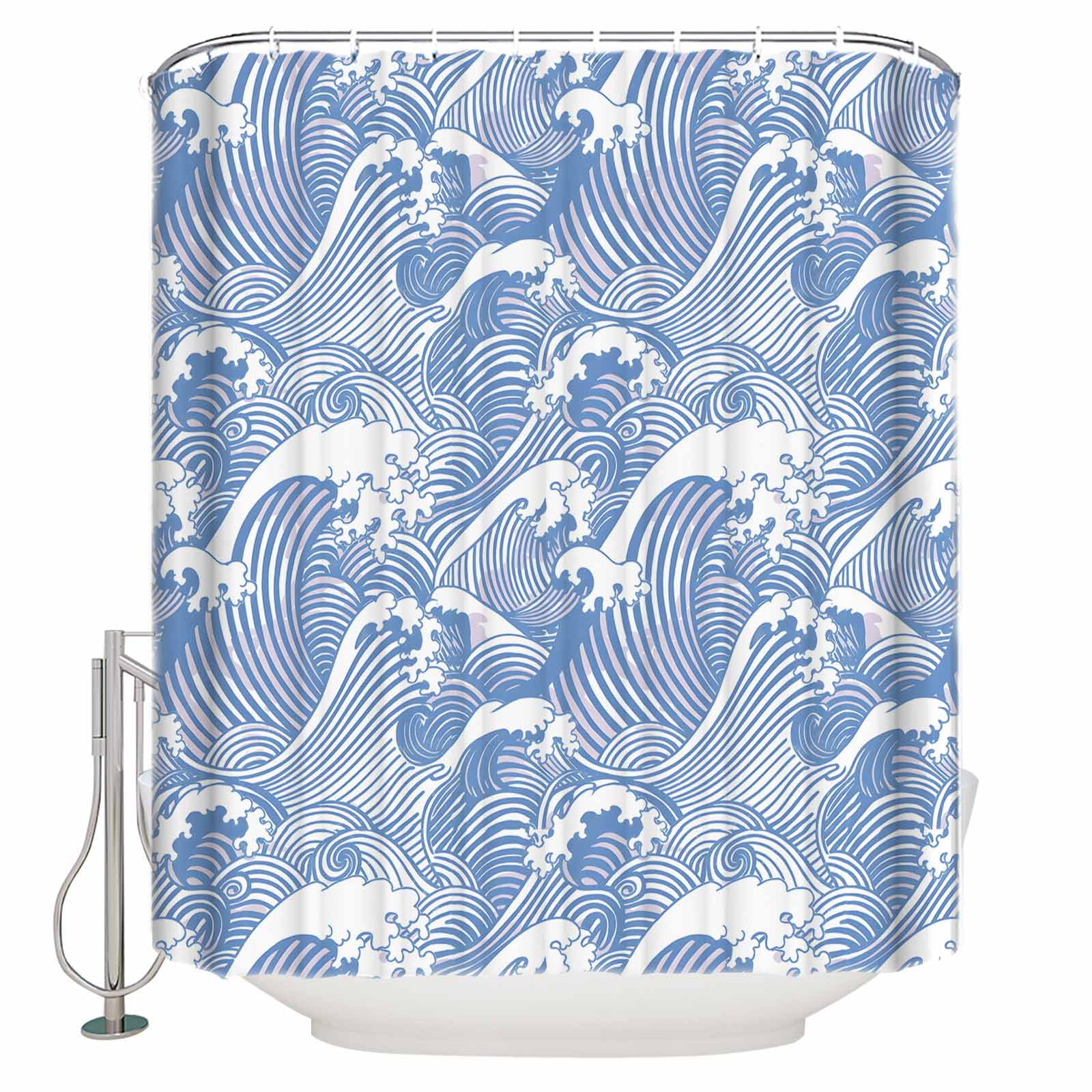 Blue Ocean Waves Bathroom Shower Curtains with 12 Hooks Polyester ...