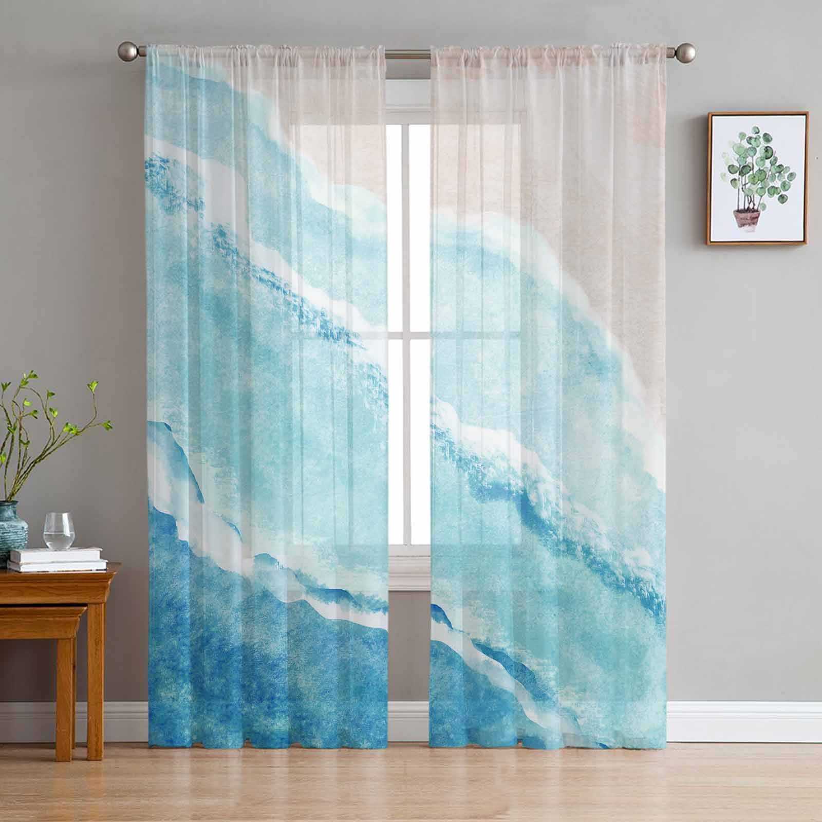 Blue Ocean Waves Beach Gradient Abstract Sheer Curtains for Living Room ...