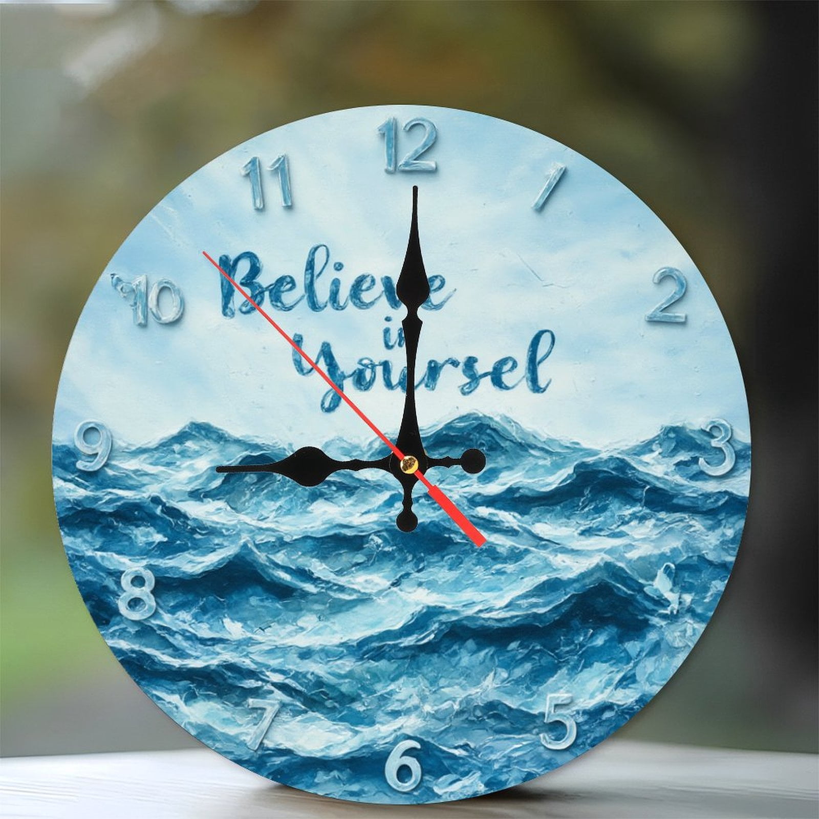 Blue Ocean Waves Believe In Yourself Wall Clock 10-Inch Silent Wooden ...