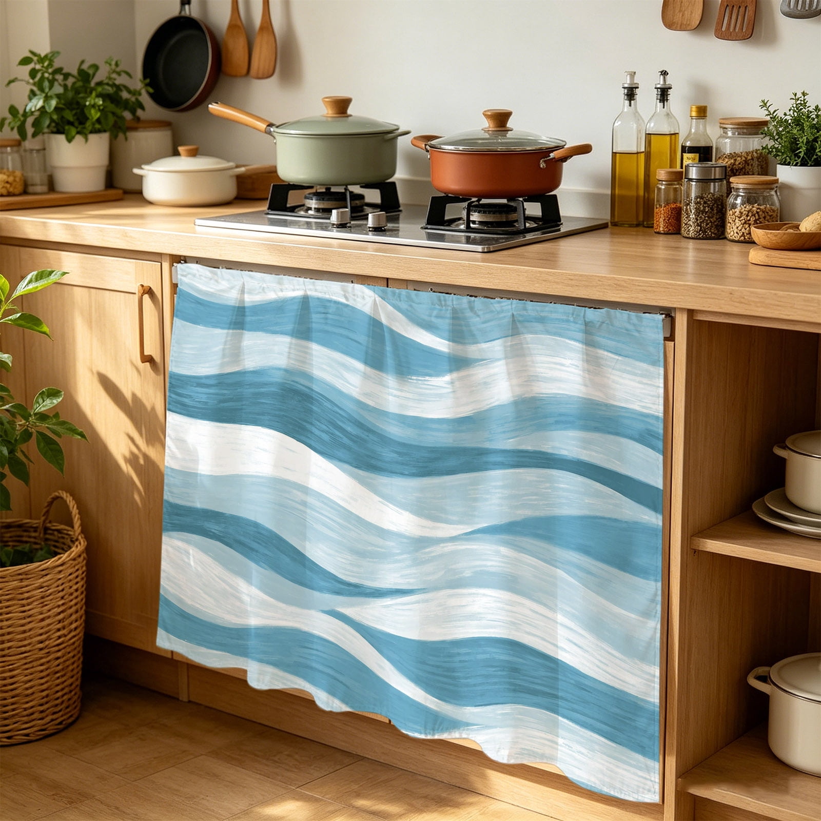 Blue Ocean Waves Cabinet Curtains for Kitchen 35"W x 35"L, Abstract ...