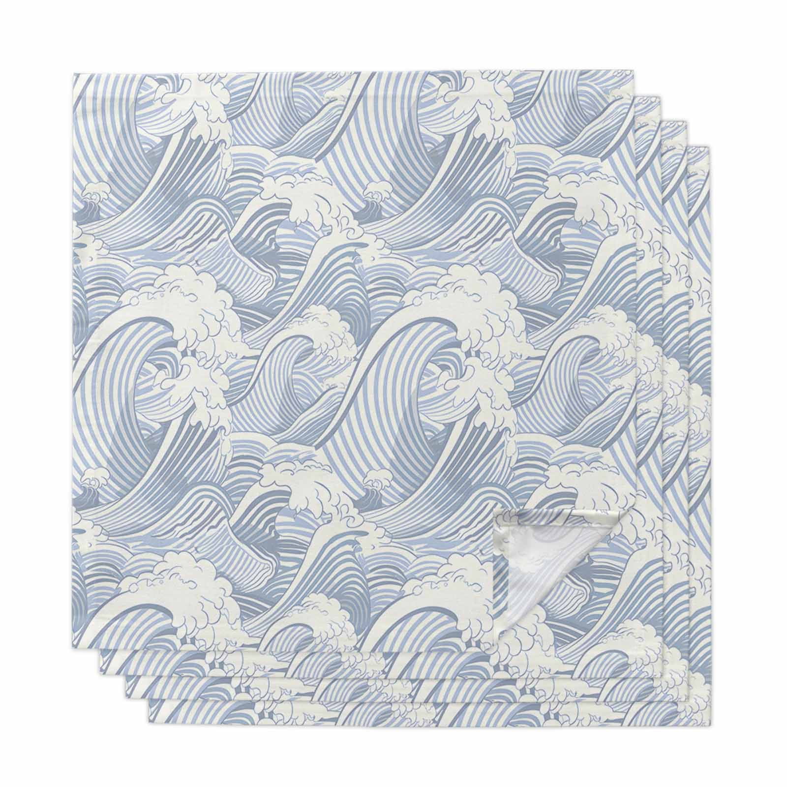 Blue Ocean Waves Cloth Napkins, Moire Seaside Abstract Art Washable and ...