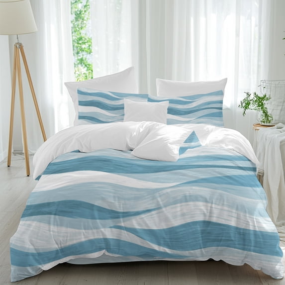 Blue Ocean Waves Comforter Set Queen Size, Abstract Modern Ombre ...