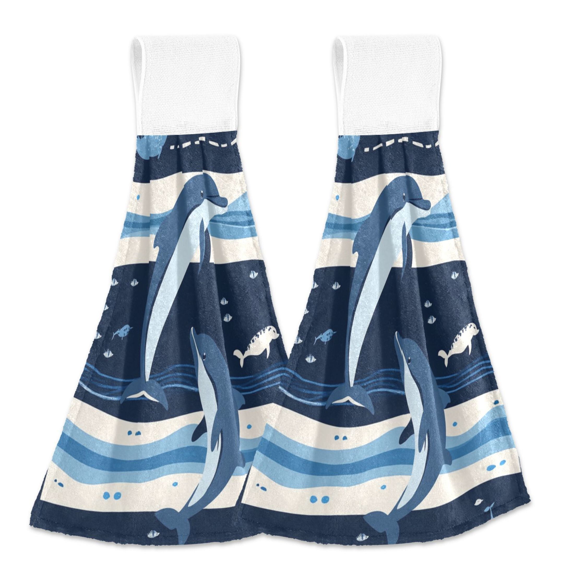 Blue Ocean Waves Dolphins Hanging Towels with Loop Hand Towels Nylon ...