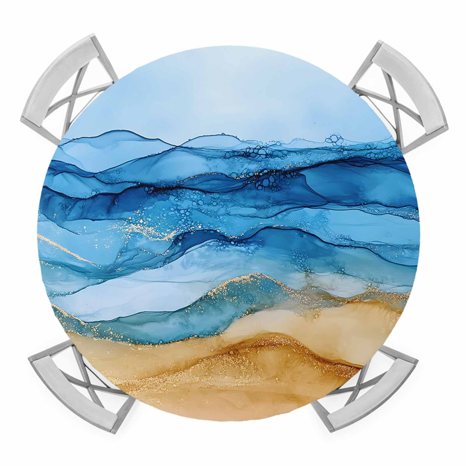 Blue Ocean Waves Elastic Fitted Round Table Cover Beach Waterproof ...