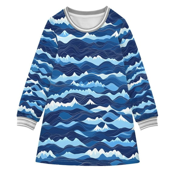 Blue Ocean Waves Girls'long-sleeved dress Thickened A-dress Warm Dress ...