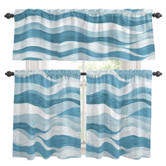 Blue Ocean Waves Kitchen Curtains Set for Windows, Abstract Modern ...
