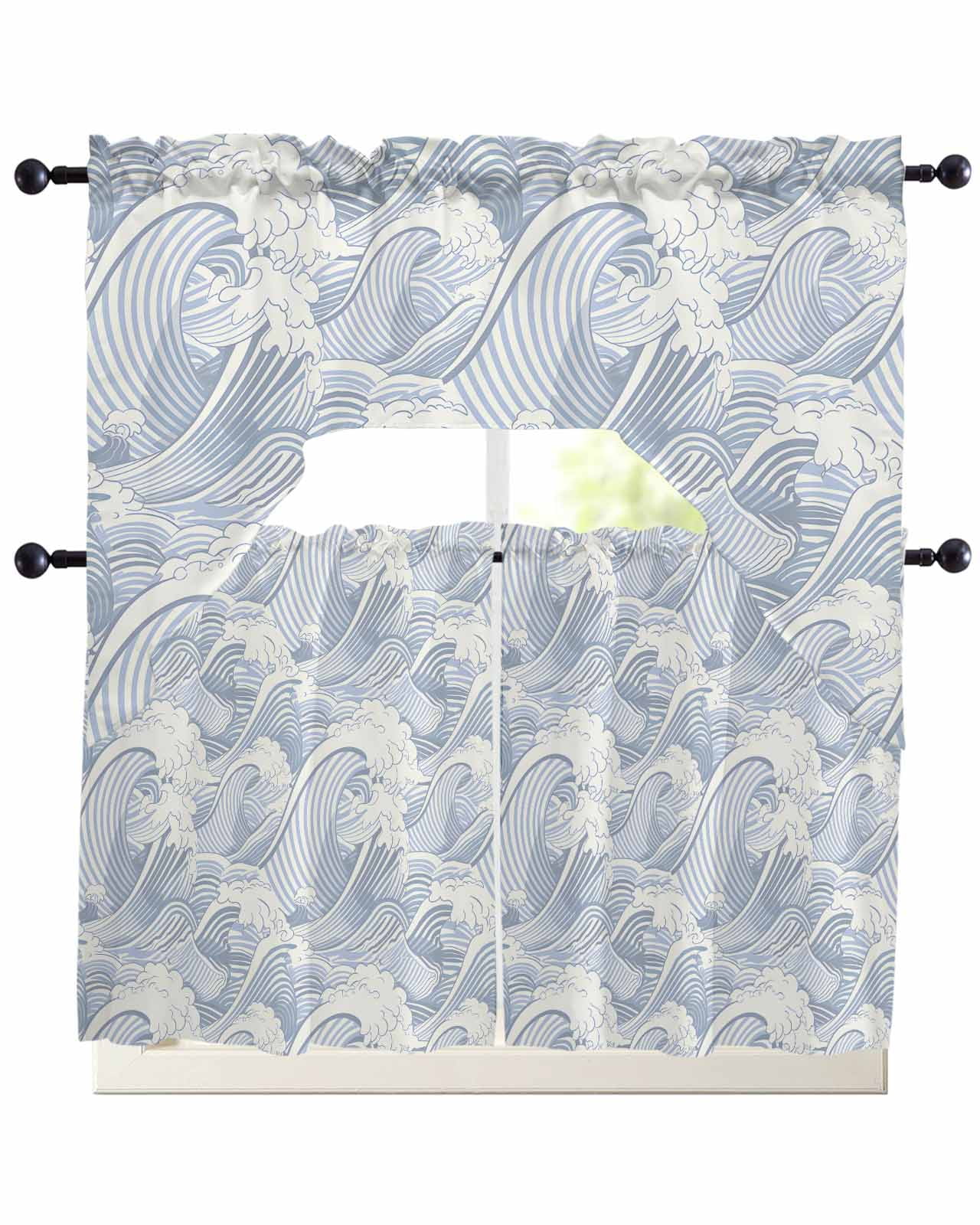 Blue Ocean Waves Kitchen Curtains Sets 24 Inch Length with Valance ...