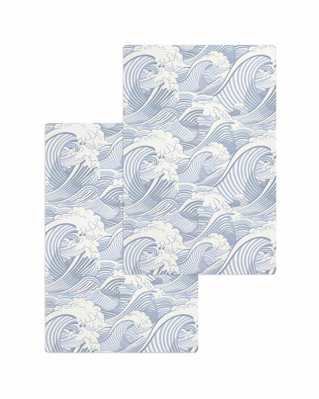 Blue Ocean Waves Kitchen Dish Towels for Drying Dishes Set of 2, Moire Seaside Abstract Art ...