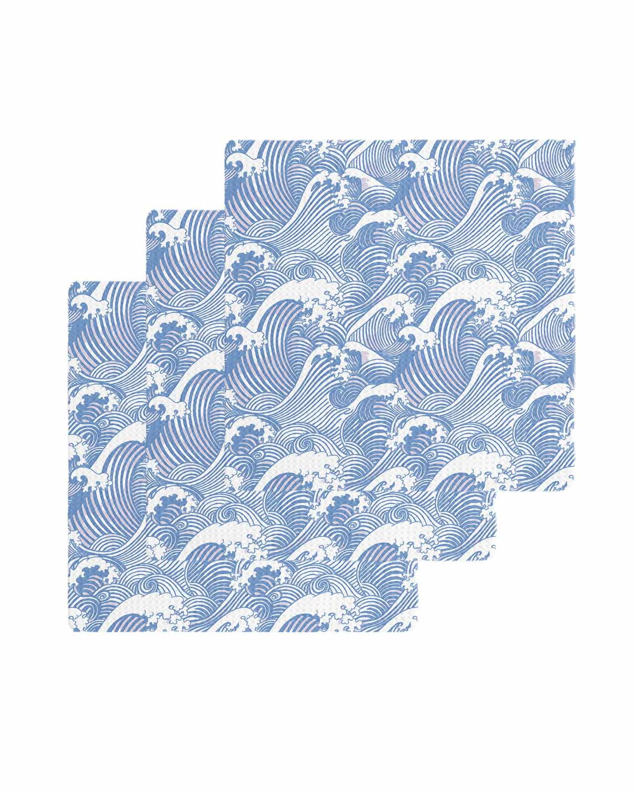 Blue Ocean Waves Kitchen Dish Towels for Drying Dishes Set of 3, Abstract Art Moire Seaside ...