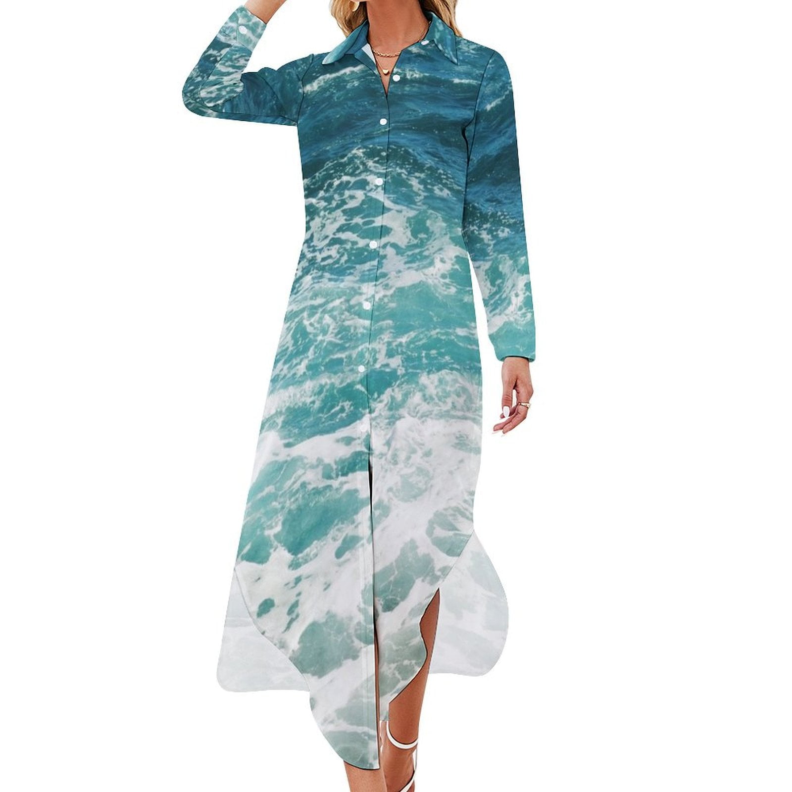Blue Ocean Waves Long Sleeved Shirt Dress evening dress beach outfits ...