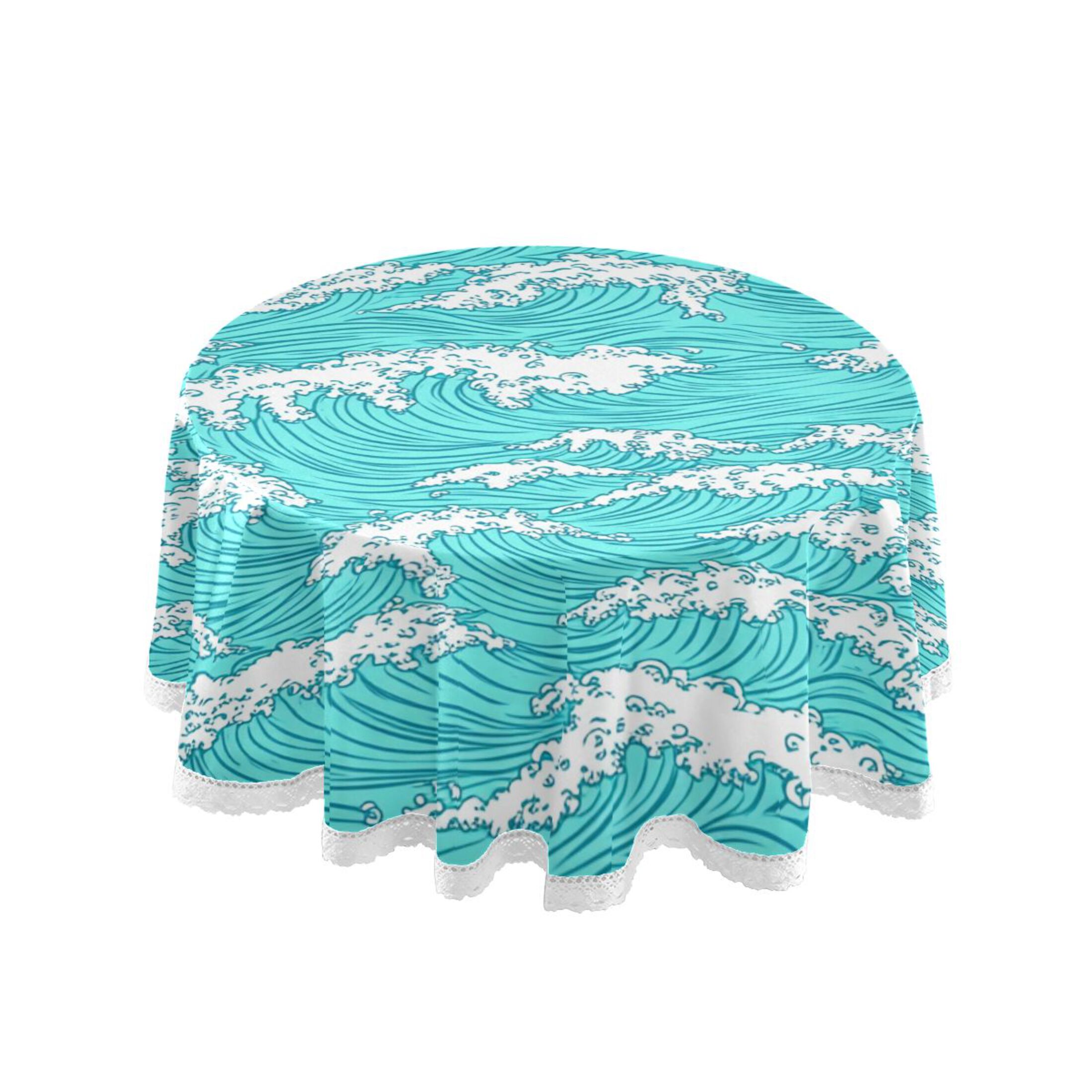 Blue Ocean Waves Pattern 60 Inch Round Tablecloth Durable Wrinkle Heat ...