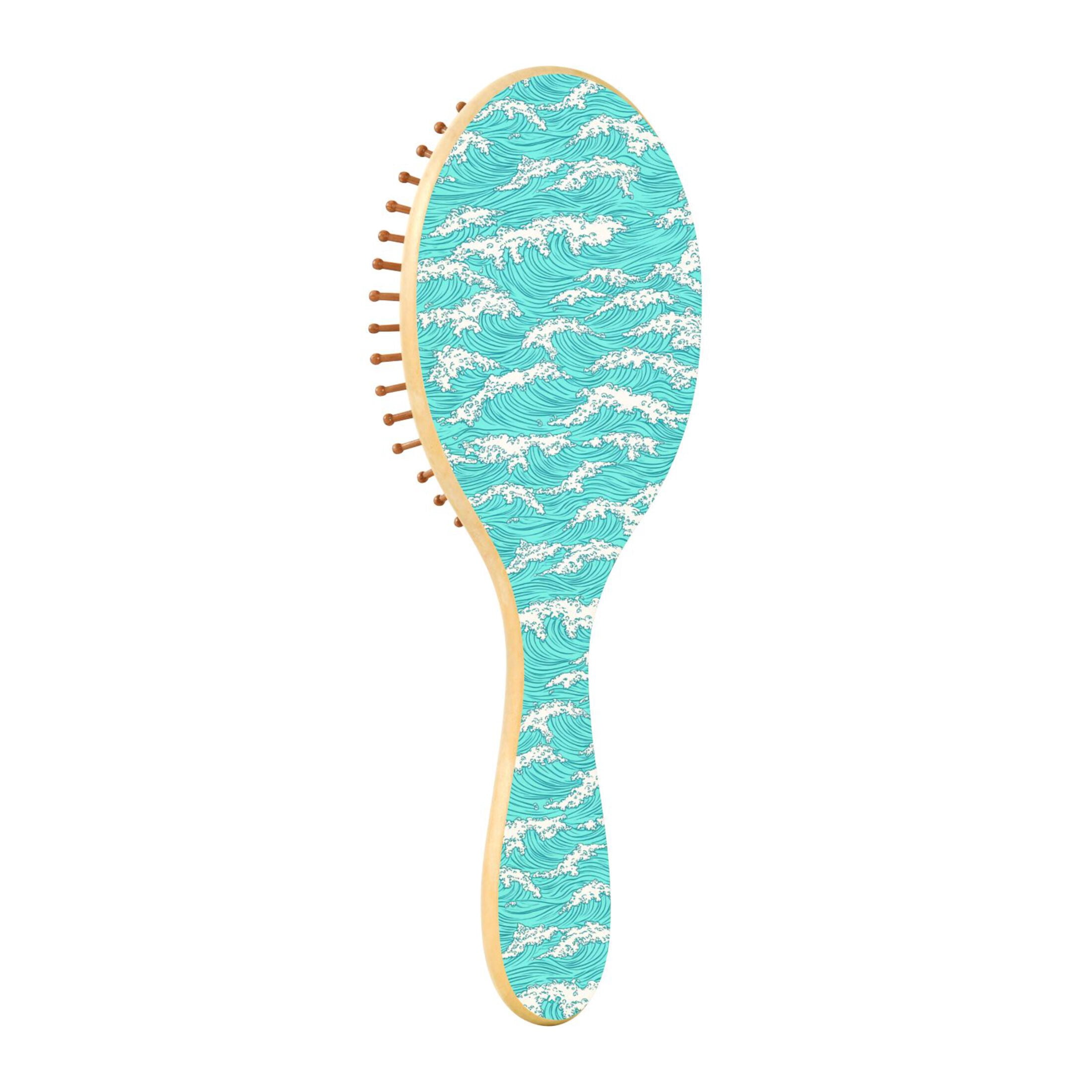 Blue Ocean Waves Pattern Natural Wooden Hair Brush with Cushion for ...