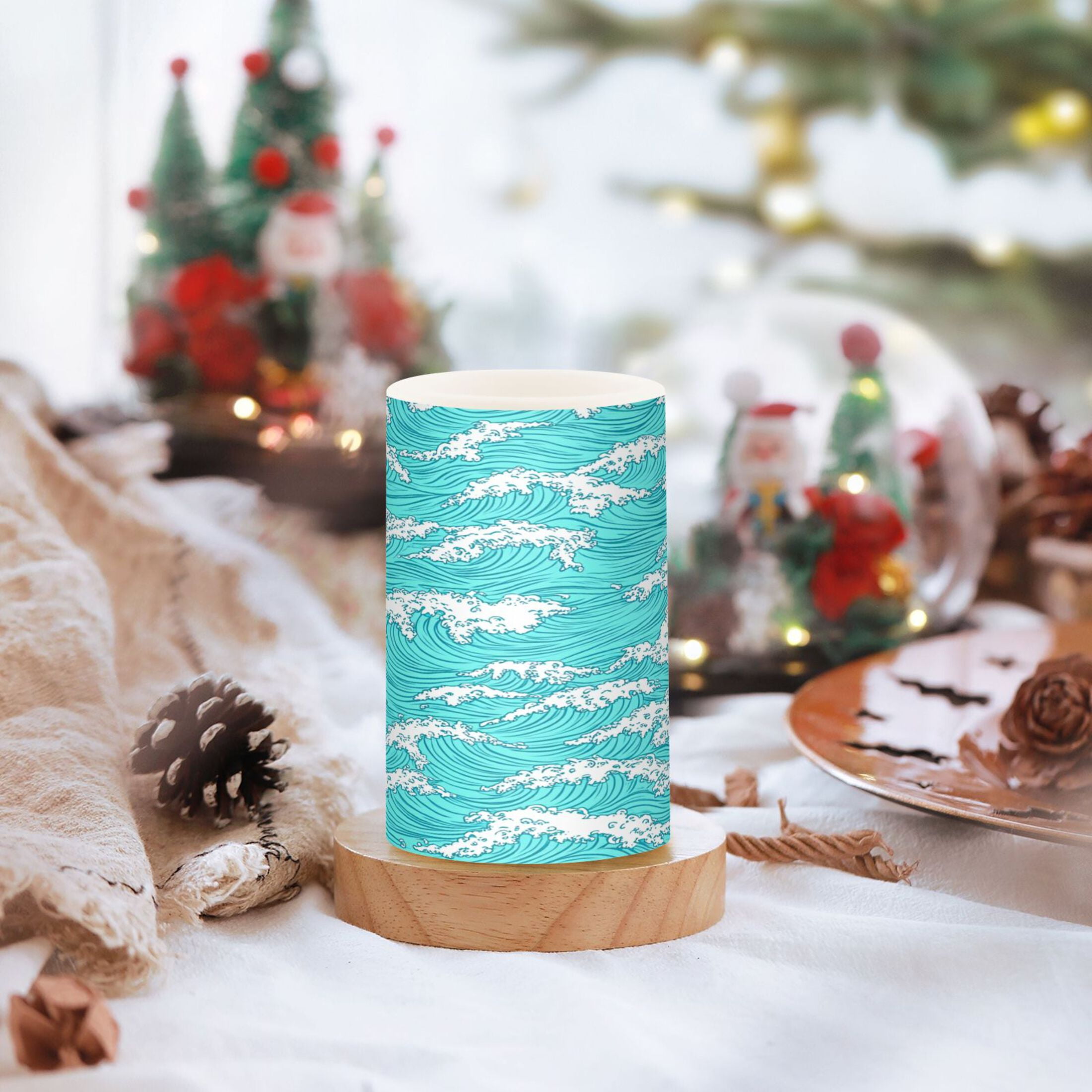 Blue Ocean Waves Pattern Set of 2 Flameless LED Candles Remote and ...