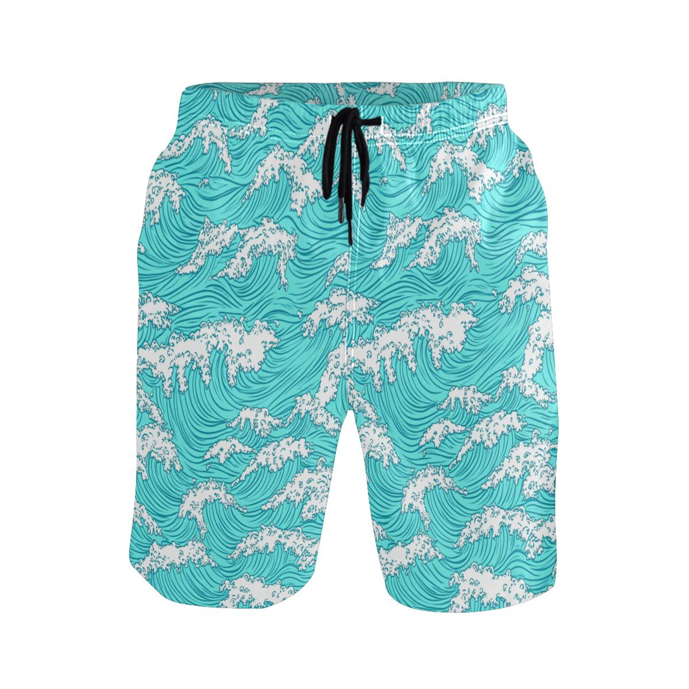 Blue Ocean Waves Pattern X-Large Size Men's Lightweight Beach Shorts ...