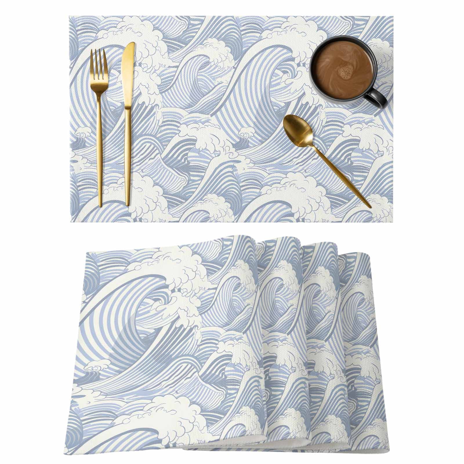 Blue Ocean Waves Placemats Set of 12 Moire Seaside Abstract Art Place ...