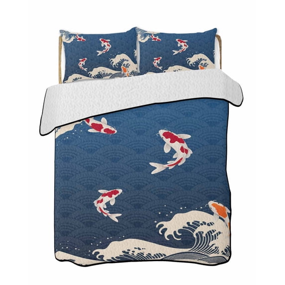 Blue Ocean Waves Quilts Bedding Set Queen Size Japanese Style Red Fish ...