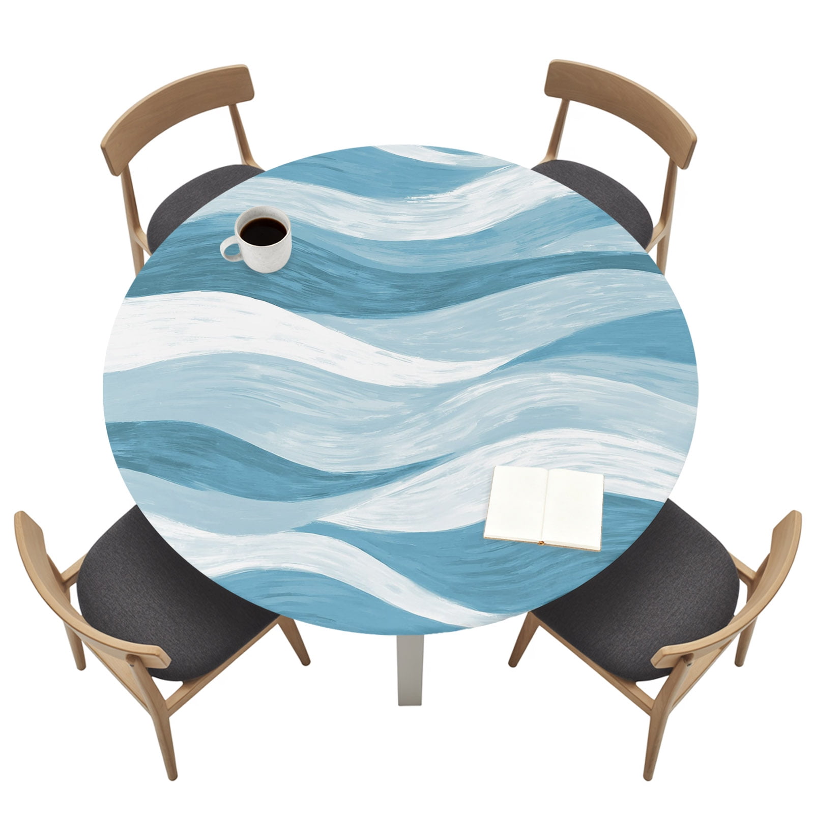 Blue Ocean Waves Round Fitted Table Cover Abstract Modern Ombre Stripes ...