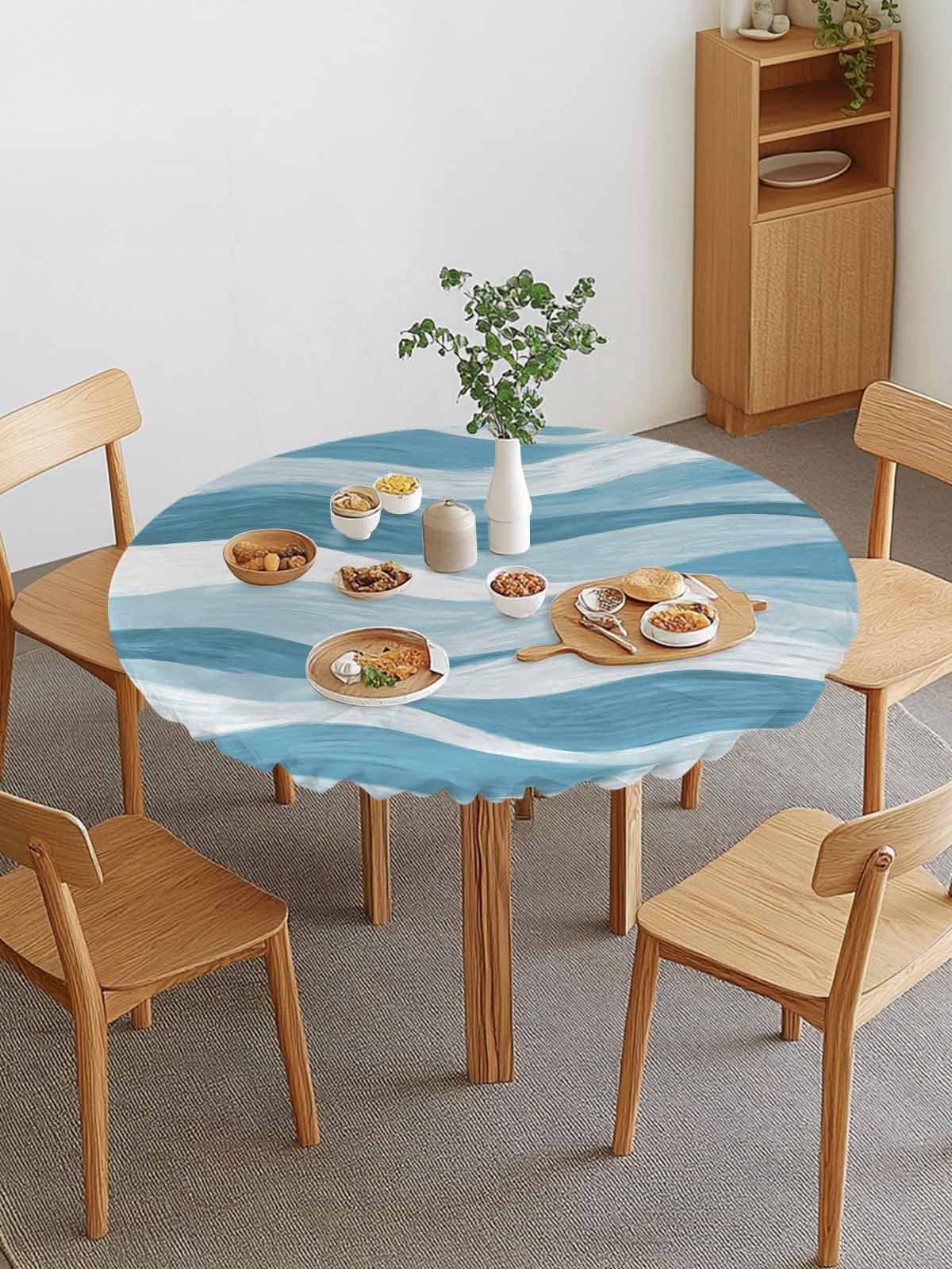 Blue Ocean Waves Round Fitted Tablecloth with Elastic Edge, Abstract ...