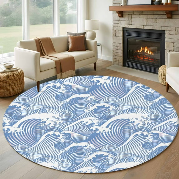 Blue Ocean Waves Round Rug 5ft Washable Circle Kitchen Rugs Non Slip ...
