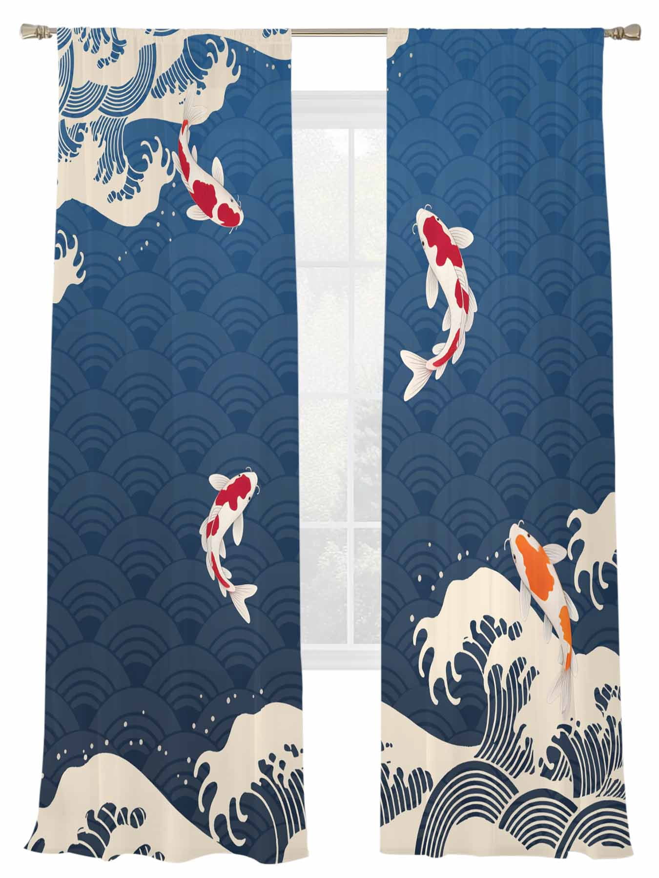 Blue Ocean Waves Sheer Curtains 2 Panels Set Japanese Style Red Fish ...