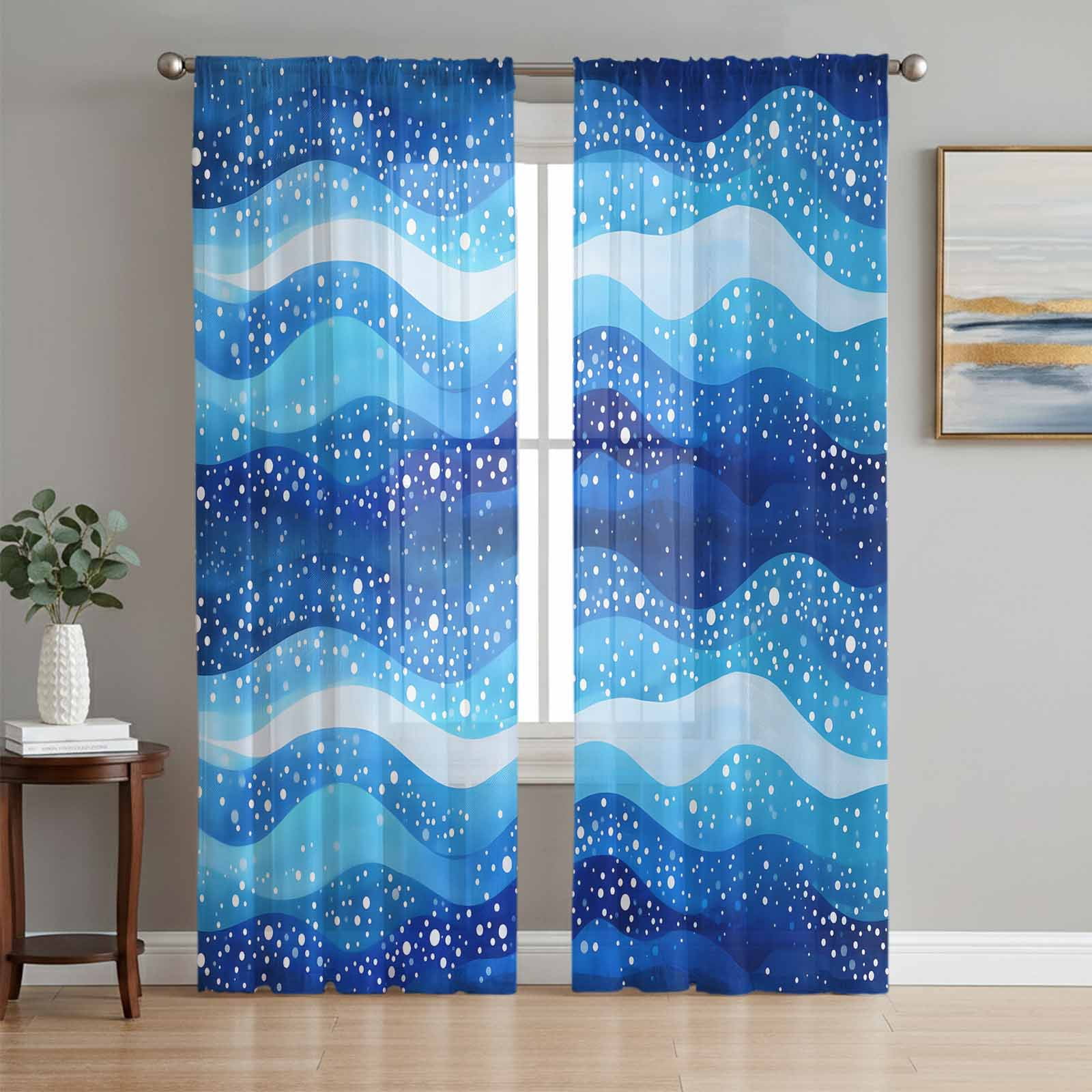 Blue Ocean Waves Sheer Curtains 72 Inch Length 2 Panels Set, Abstract ...