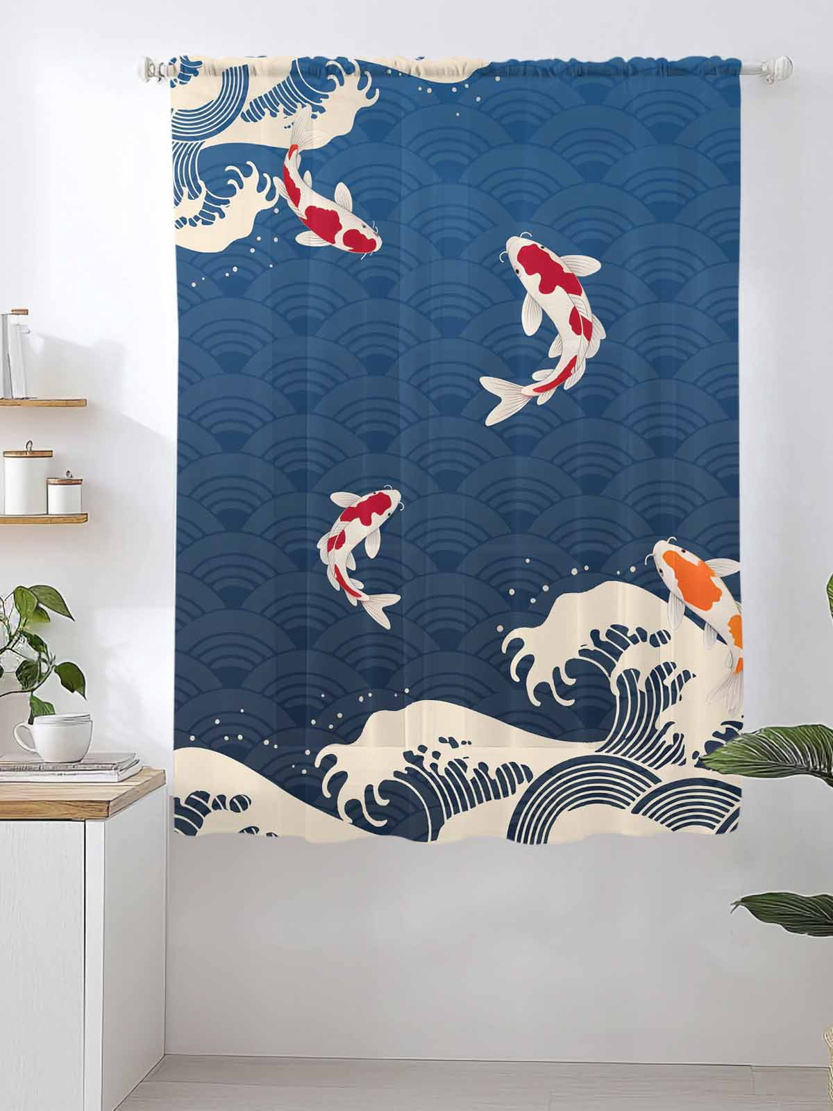 Blue Ocean Waves Sheer Curtains 72 Inch Long 1 Panel Japanese Style Red ...
