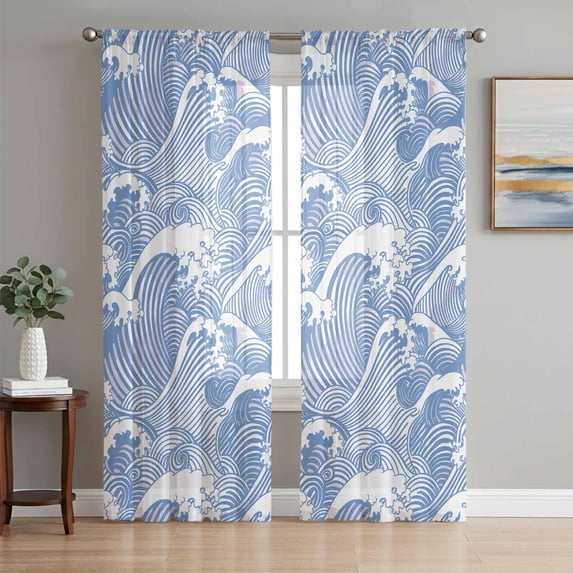 Blue Ocean Waves Sheer Curtains 84 Inch Length 2 Panels Set, Abstract ...