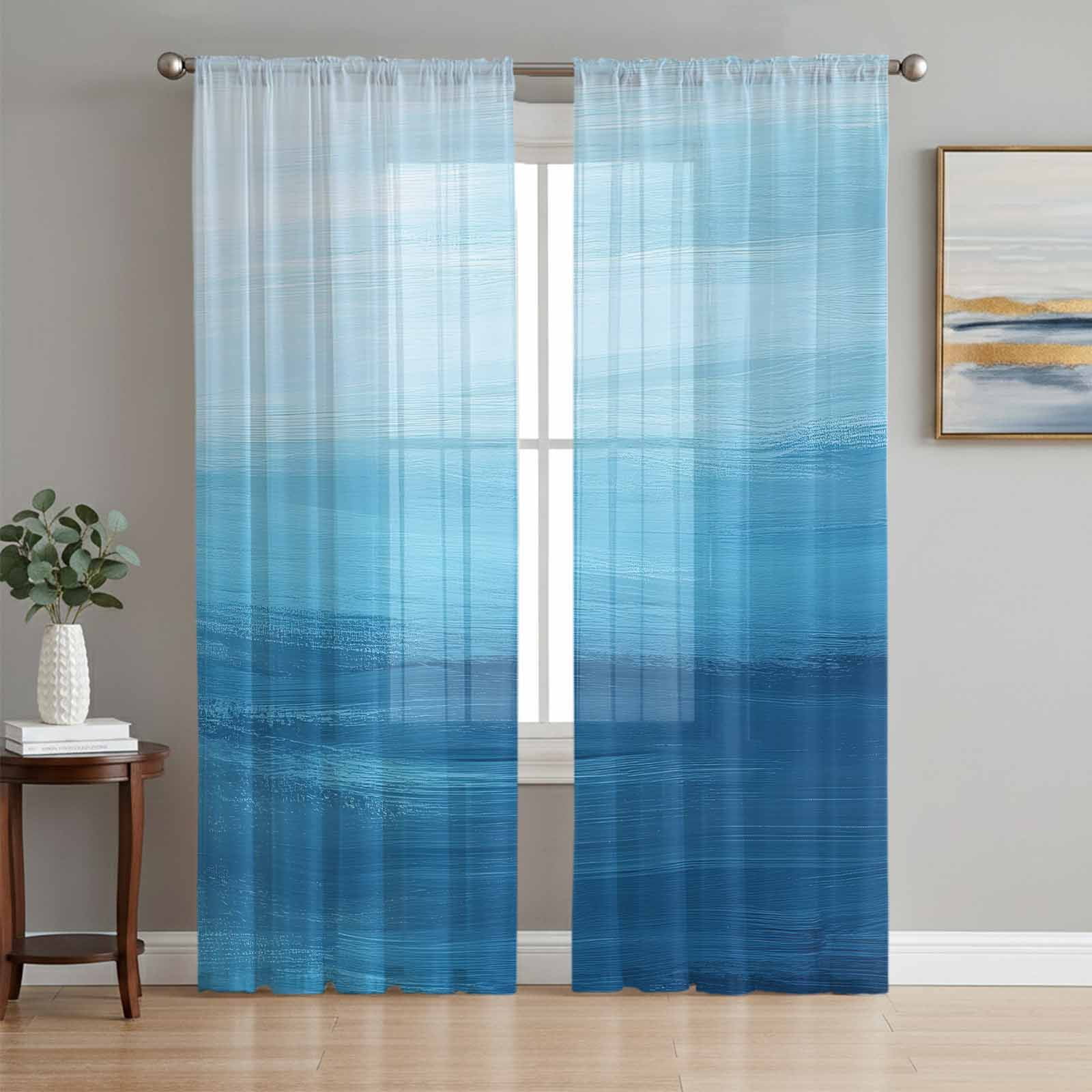 Blue Ocean Waves Sheer Curtains 84 Inch Length 2 Panels Set, Stripe ...